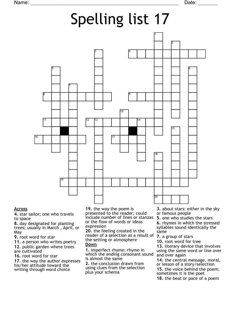 Spelling List 17 Crossword WordMint