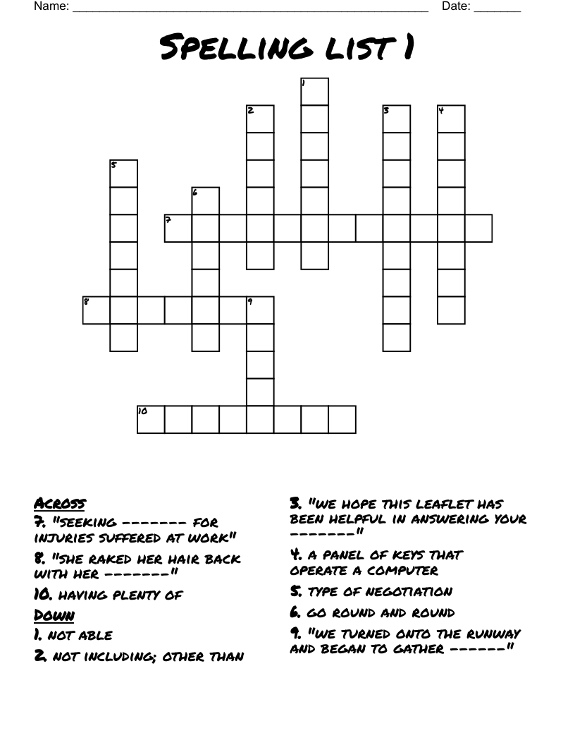 Spelling list 1 Crossword - WordMint