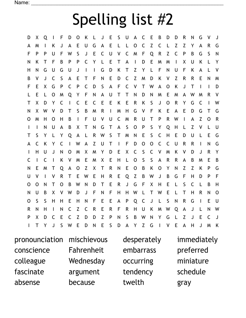 Spelling List 2 Word Search WordMint