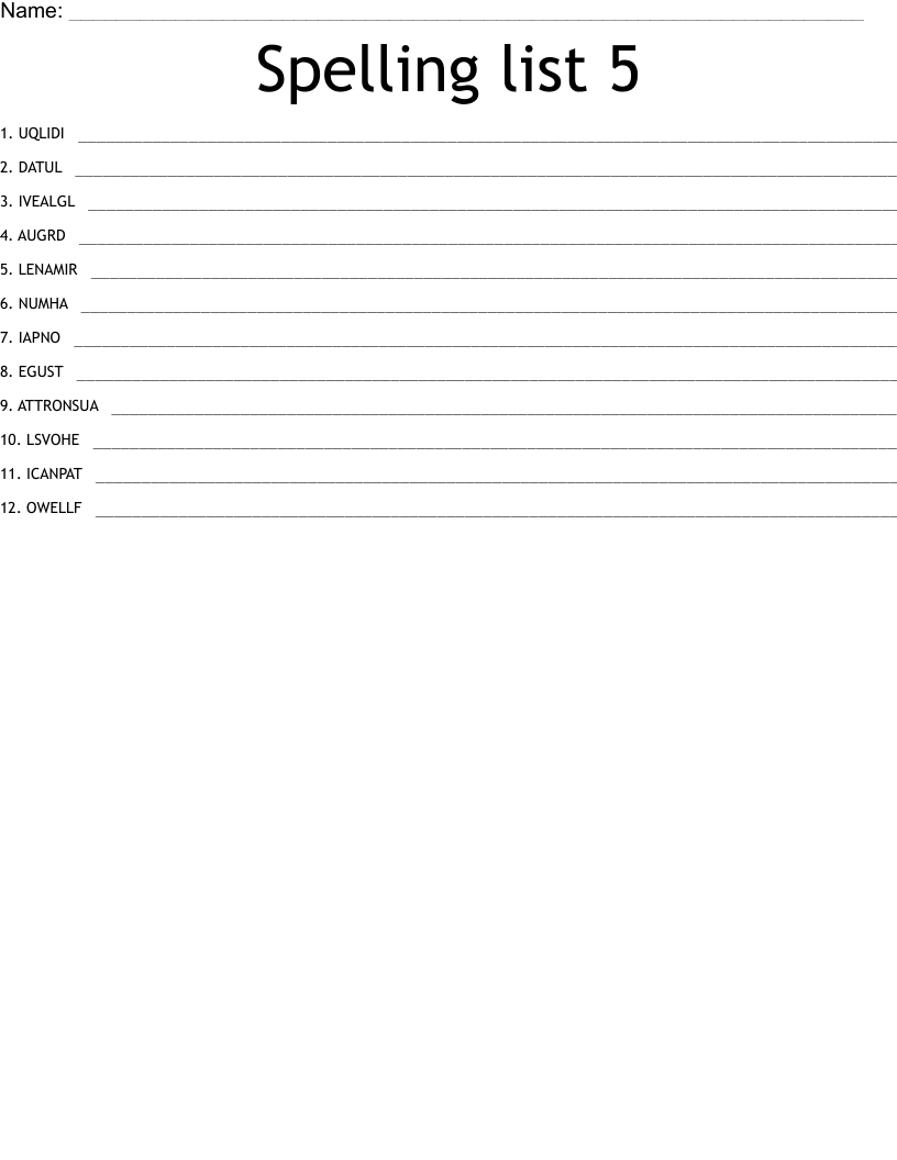 Spelling list 5 Word Scramble - WordMint