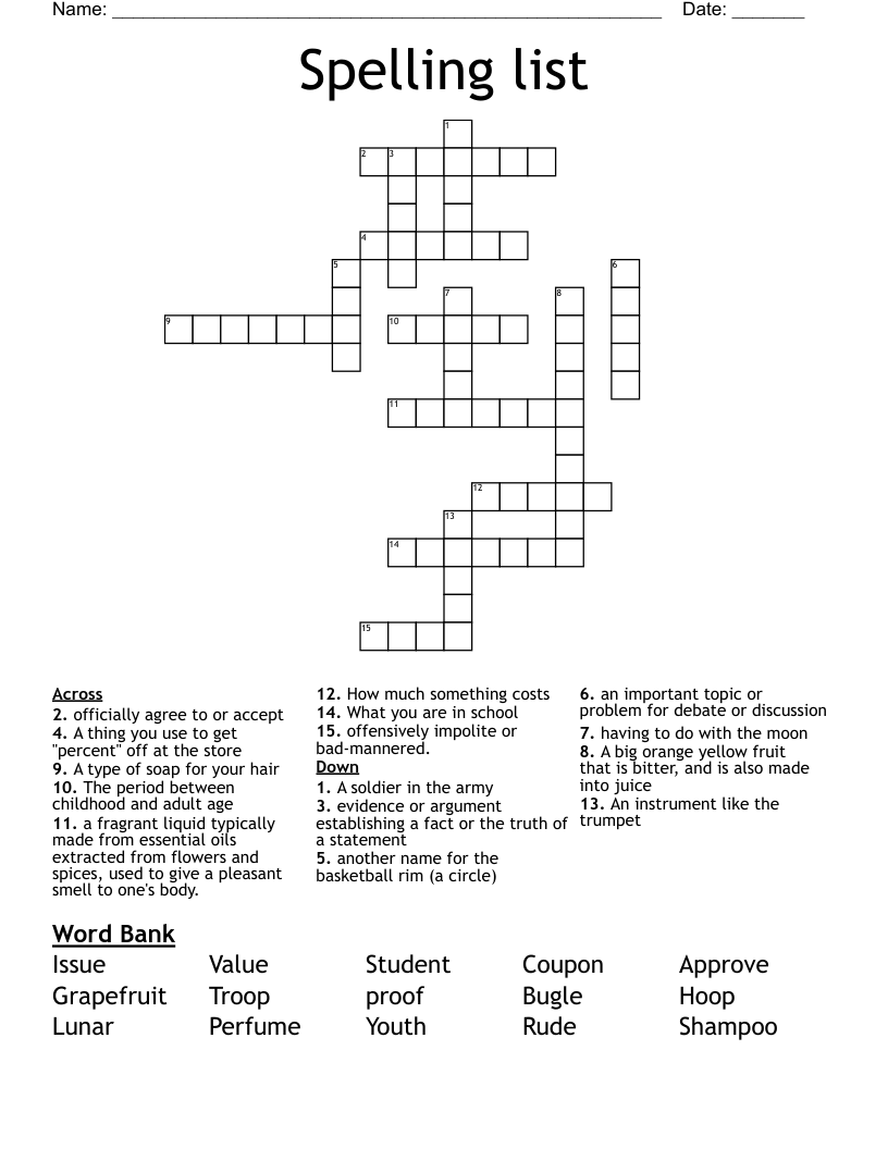 Spelling list Crossword - WordMint