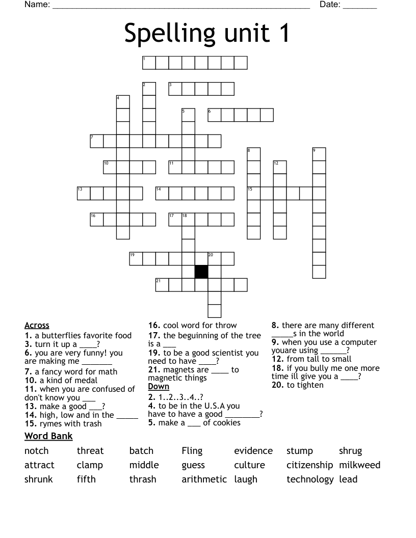 Spelling unit 1 Crossword - WordMint