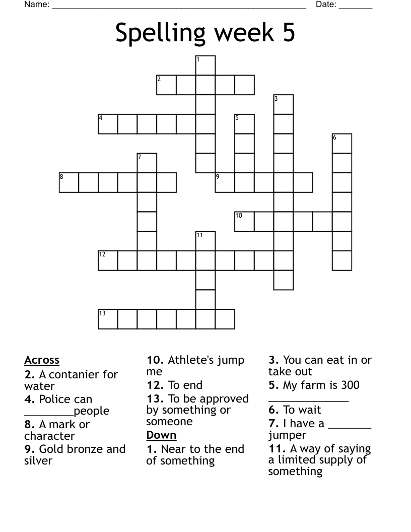 Spelling week 5 Crossword - WordMint