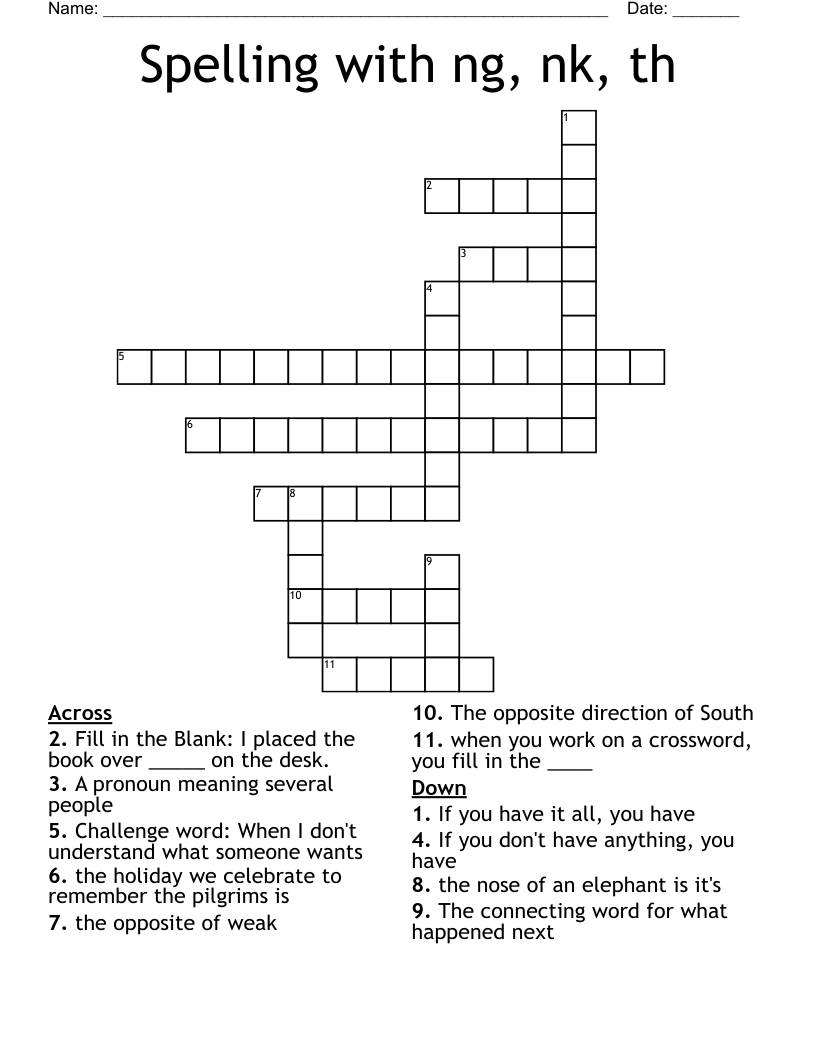 Spelling with ng, nk, th Crossword - WordMint