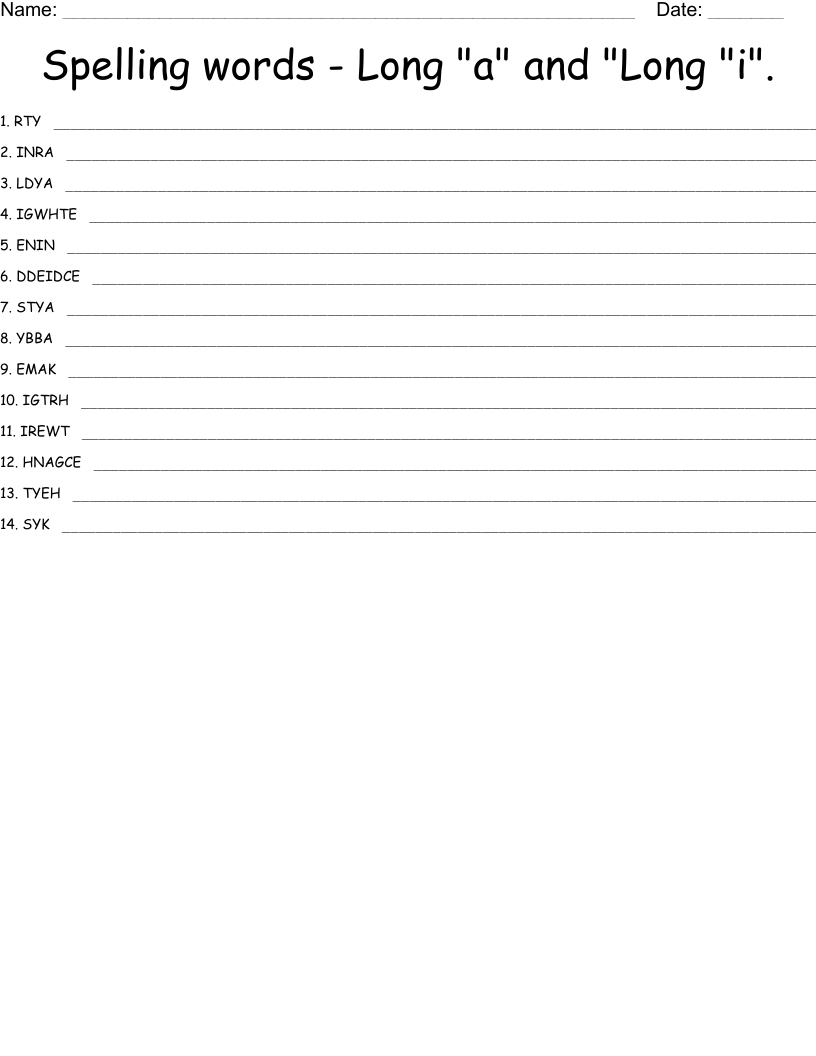 Spelling words - Long "a" and "Long "i". Word Scramble - WordMint