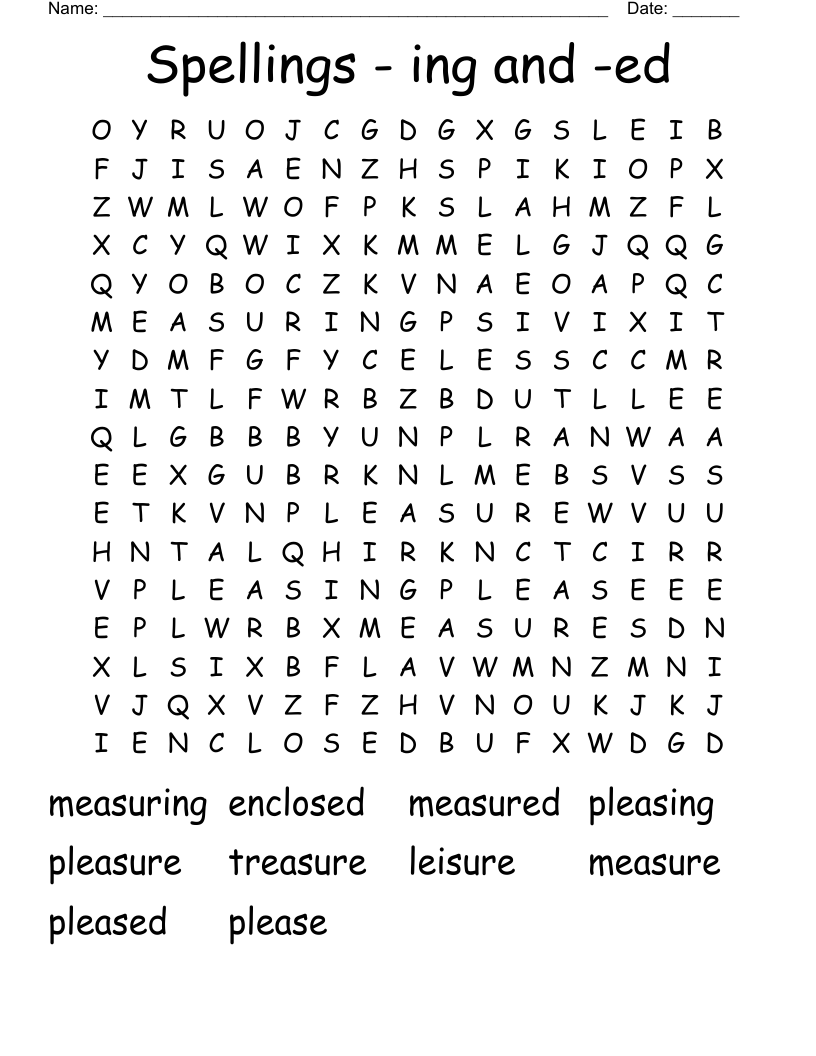 Spellings - ing and -ed Word Search - WordMint