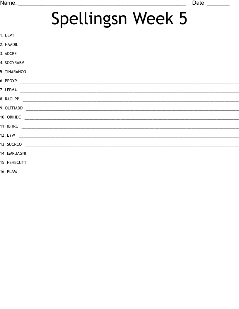 Spellingsn Week 5 Word Scramble - WordMint