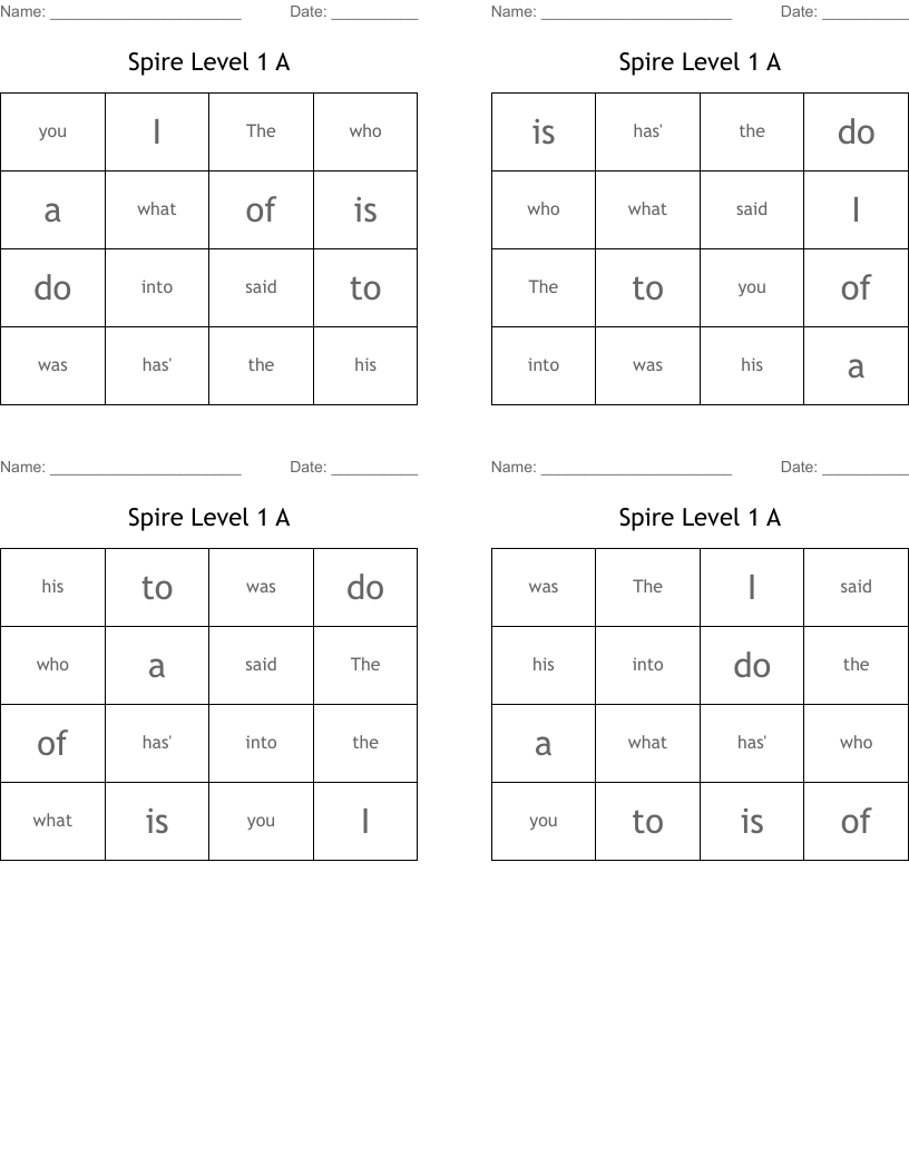 Spire Level 1 A Bingo Cards - WordMint