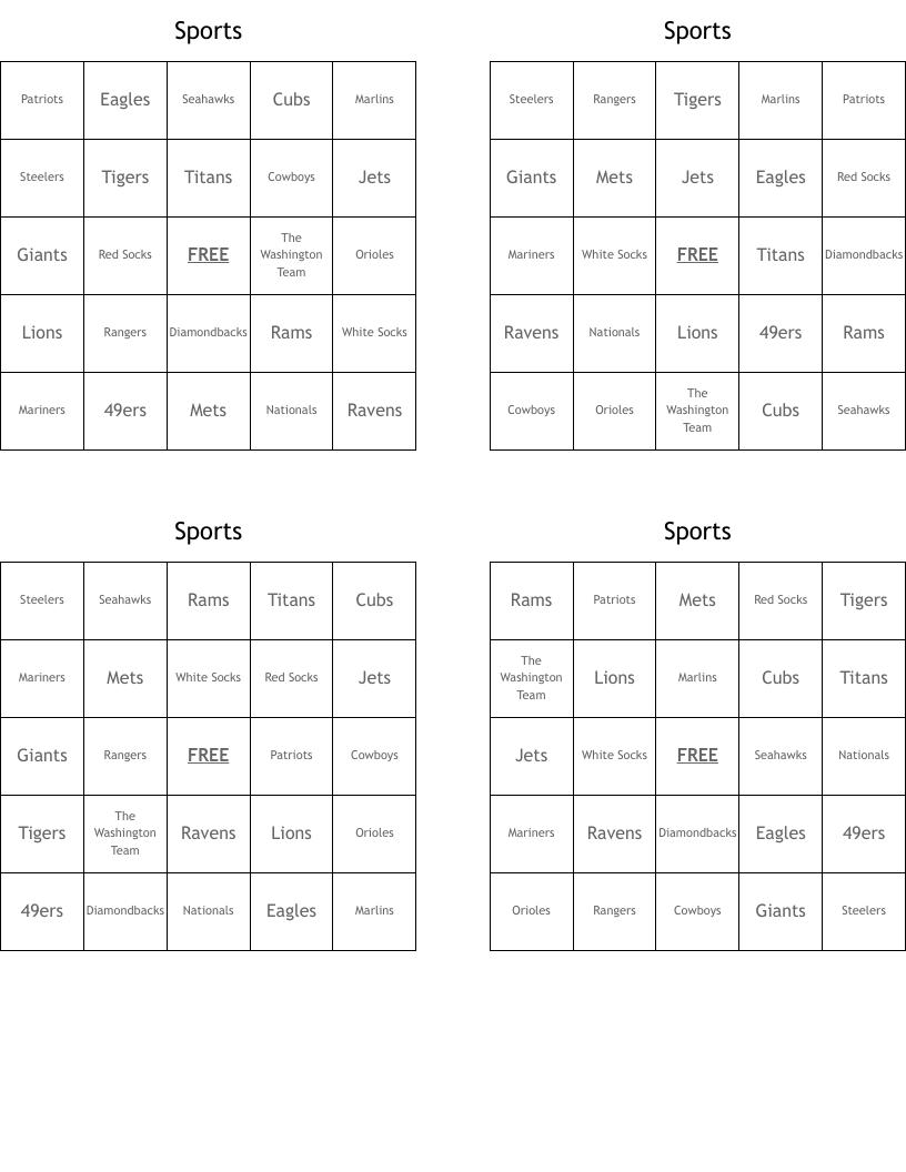 Sports Bingo Cards WordMint