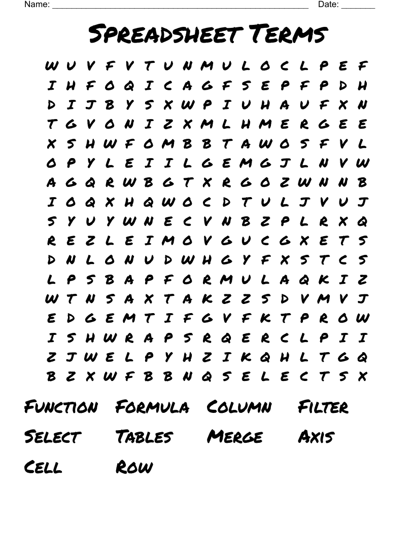 Spreadsheet Terms Word Search WordMint