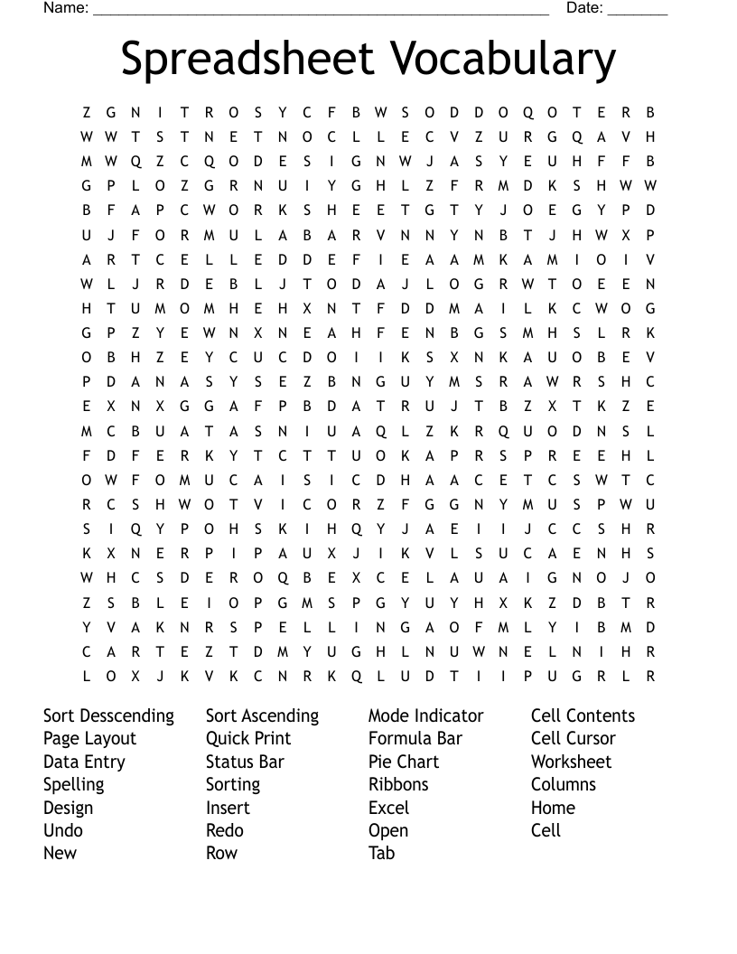 Spreadsheet Vocabulary Word Search WordMint