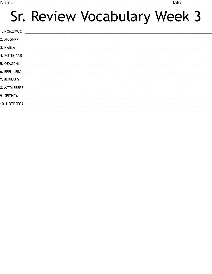 Sr. Review Vocabulary Week 3 Word Scramble - WordMint