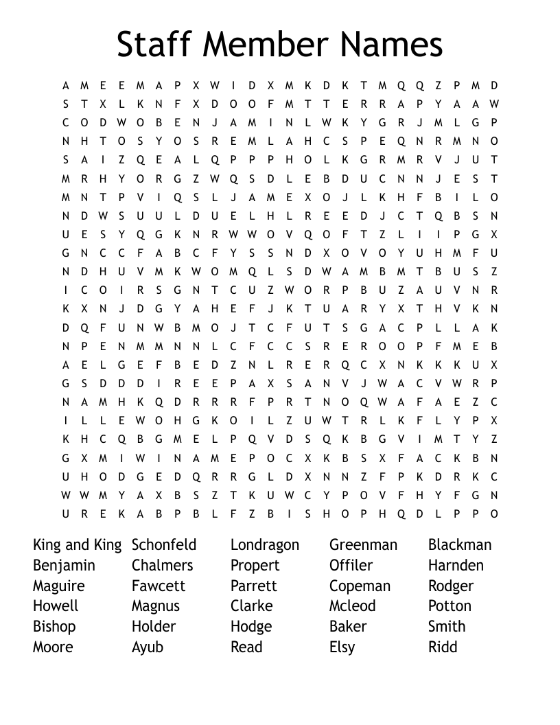 Staff Member Names Word Search - WordMint