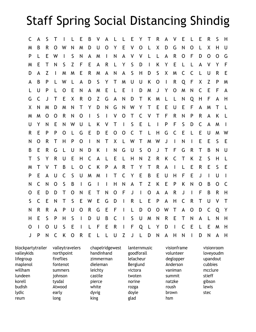 Staff Spring Social Distancing Shindig Word Search - WordMint