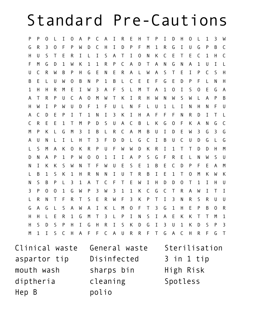 Standard Pre-Cautions Word Search - WordMint