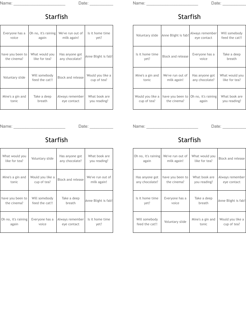 Starfish Bingo Cards - WordMint