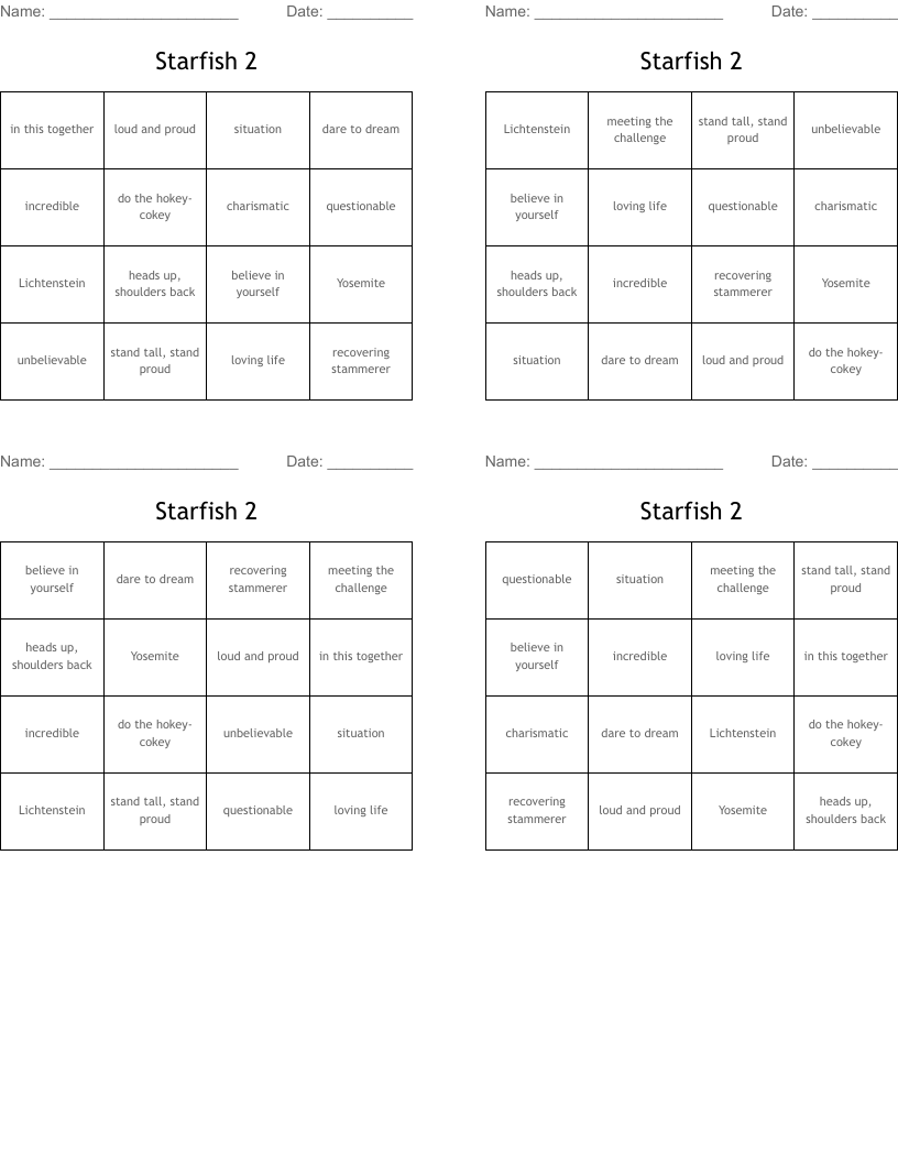 Starfish 2 Bingo Cards - WordMint