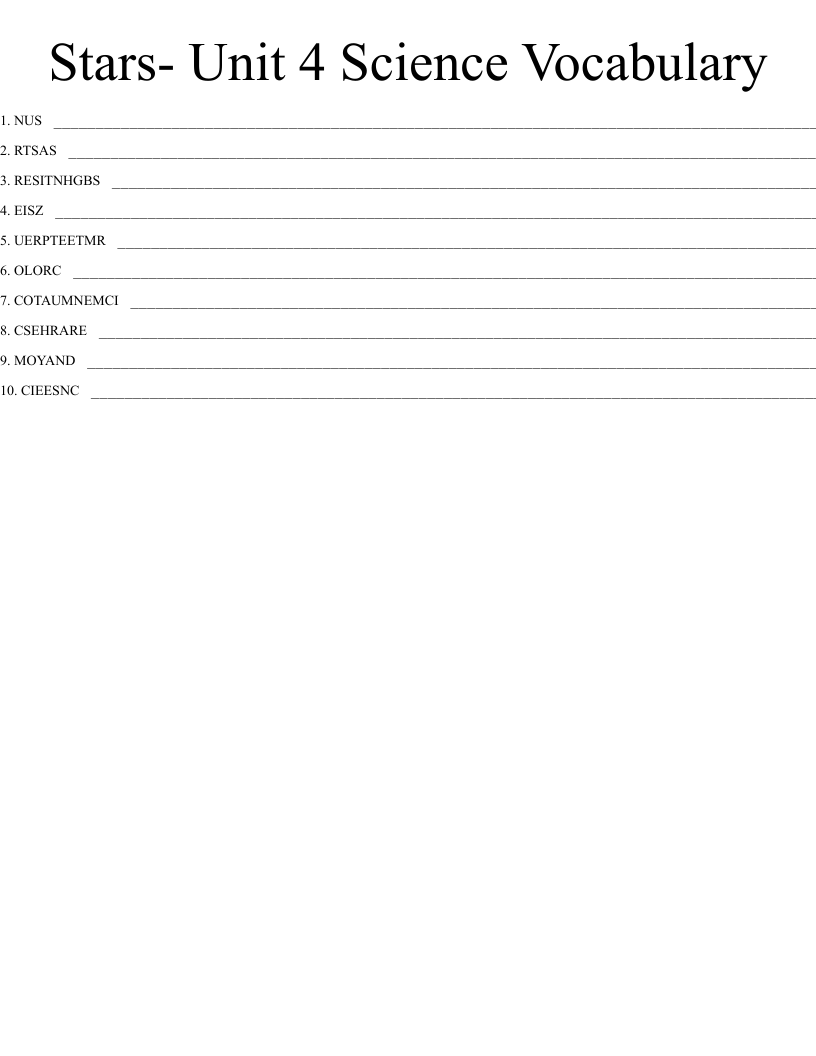 Stars- Unit 4 Science Vocabulary Word Scramble - WordMint