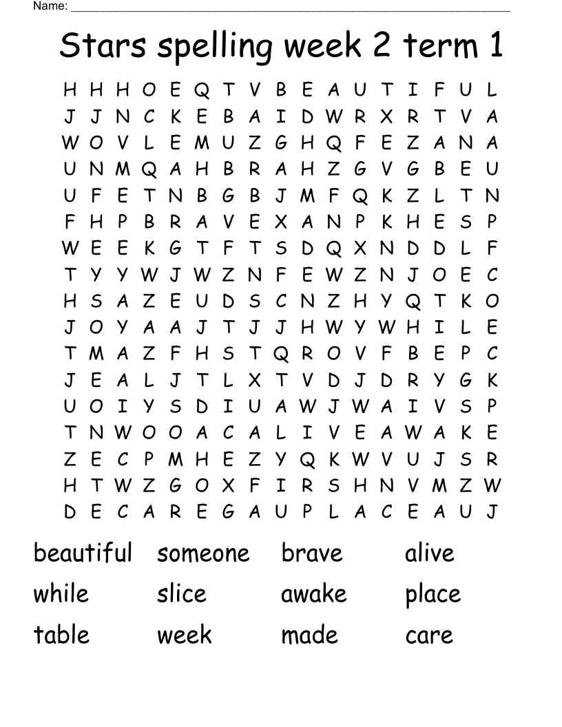 Stars spelling week 2 term 1 Word Search - WordMint