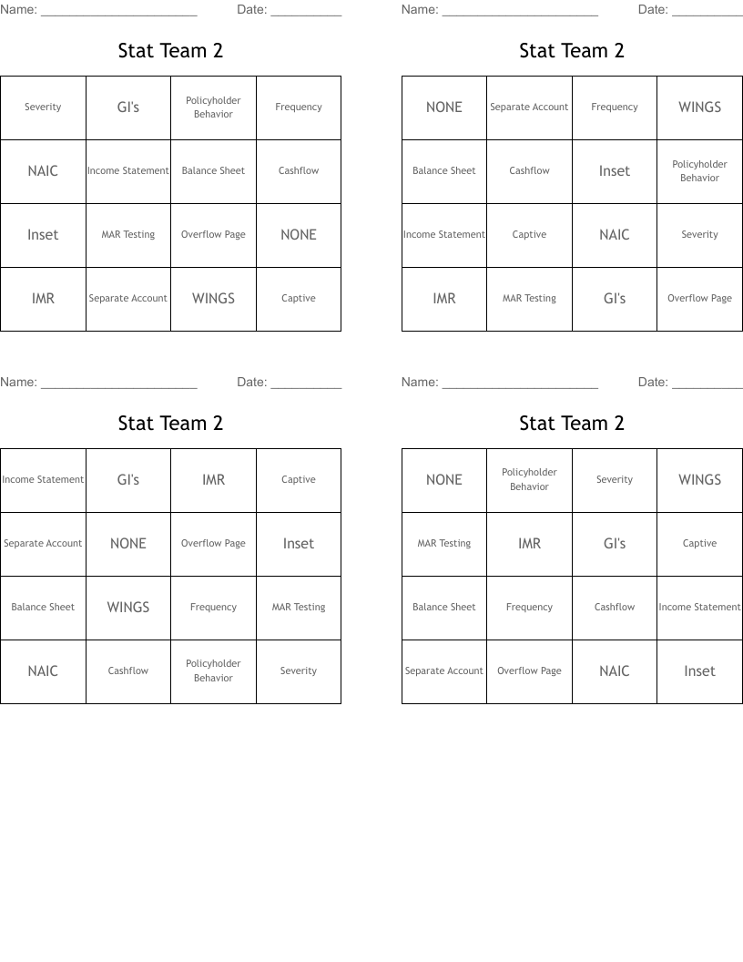 Stat Team 2 Bingo Cards - WordMint