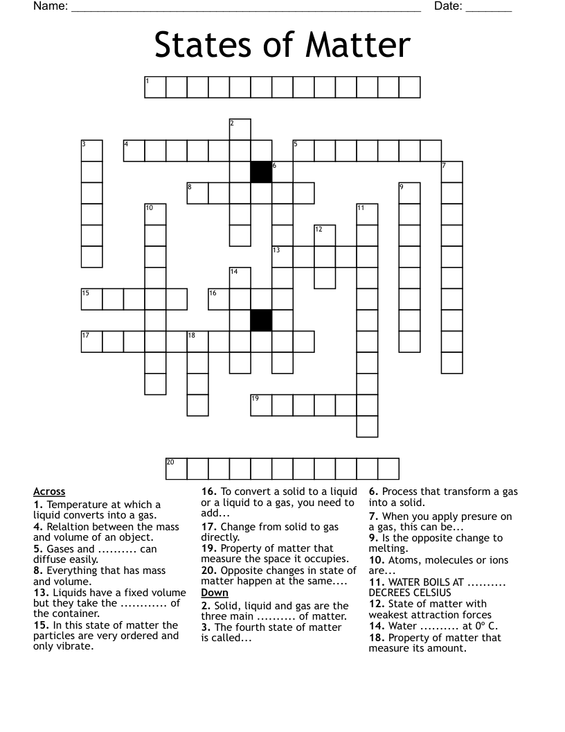 States of Matter Crossword - WordMint