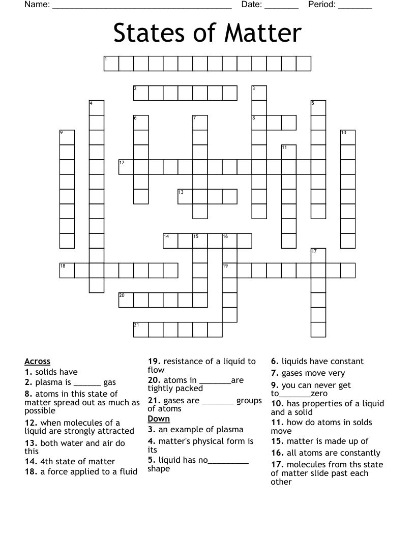 States of Matter Crossword - WordMint