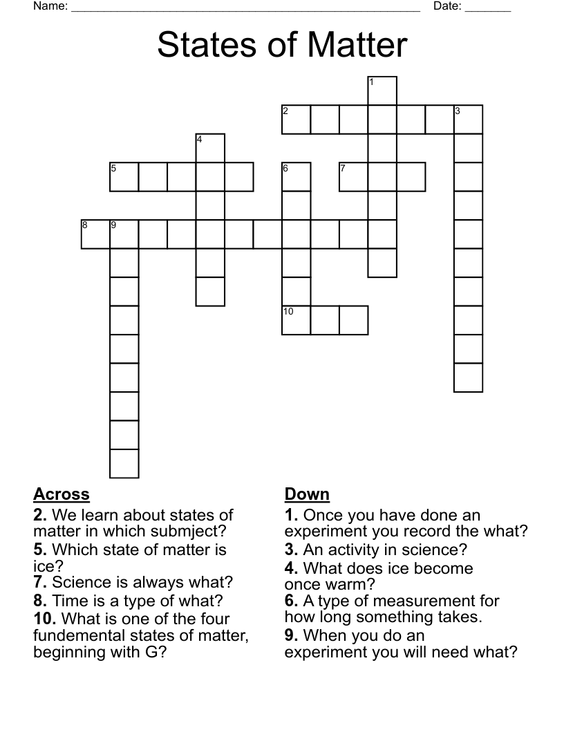 States of Matter Crossword - WordMint