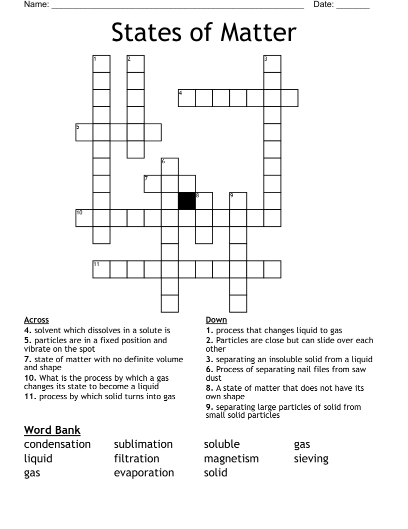 States of Matter Crossword - WordMint