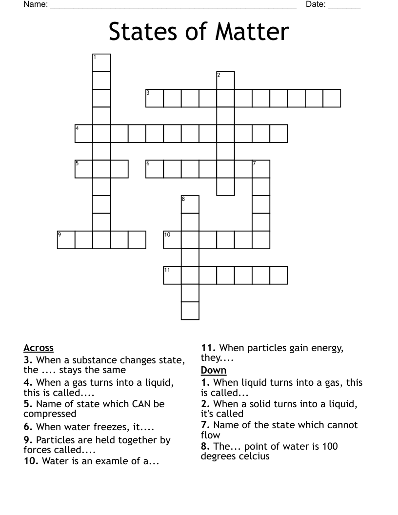 States of Matter Crossword - WordMint