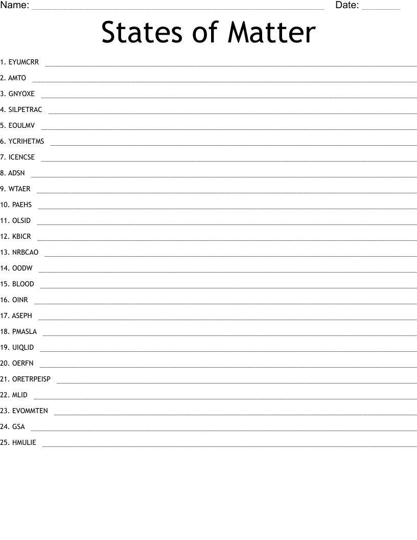 States of Matter Word Scramble - WordMint