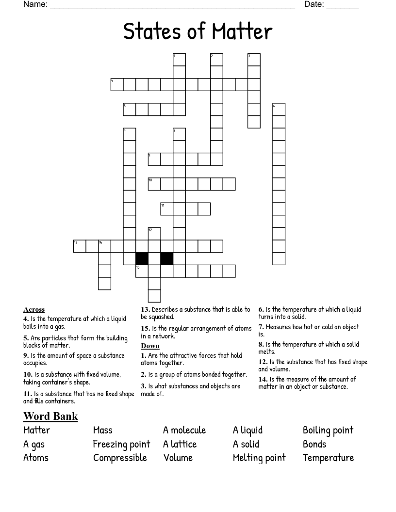 States of Matter Crossword - WordMint