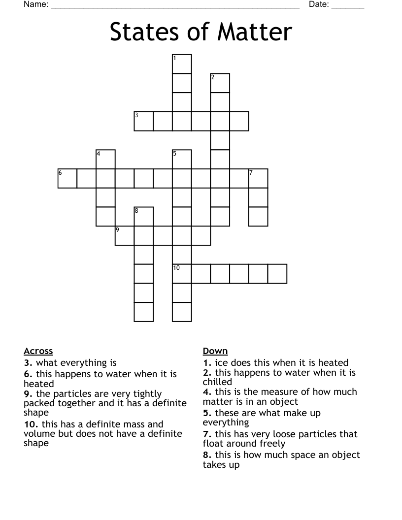 States of Matter Crossword - WordMint