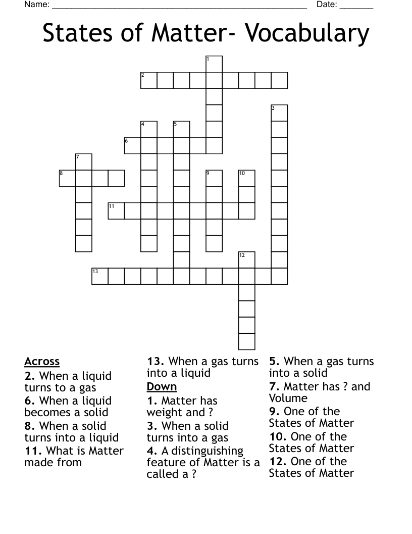 States of Matter- Vocabulary Crossword - WordMint