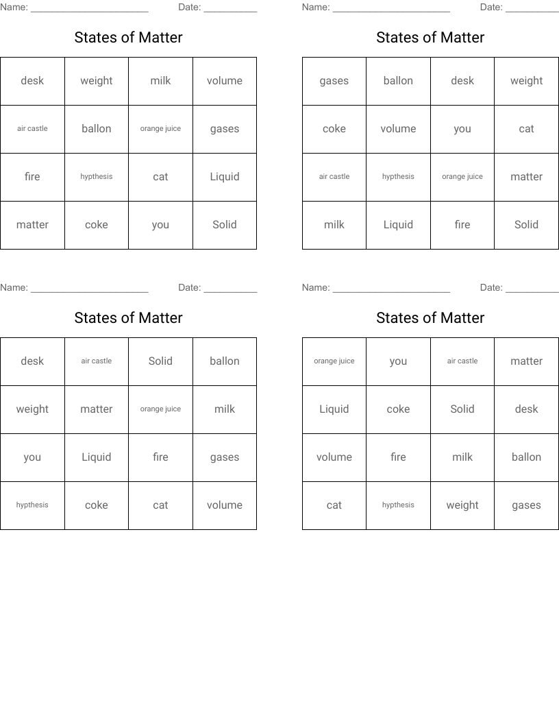 States of Matter Bingo Cards - WordMint