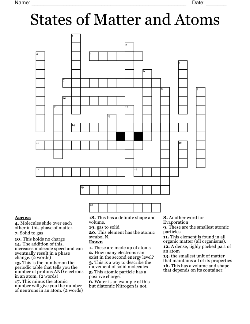 States of Matter and Atoms Crossword - WordMint