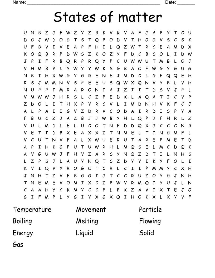 States of matter Word Search - WordMint