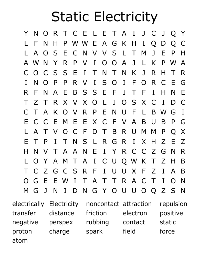 Static Electricity Word Search - WordMint