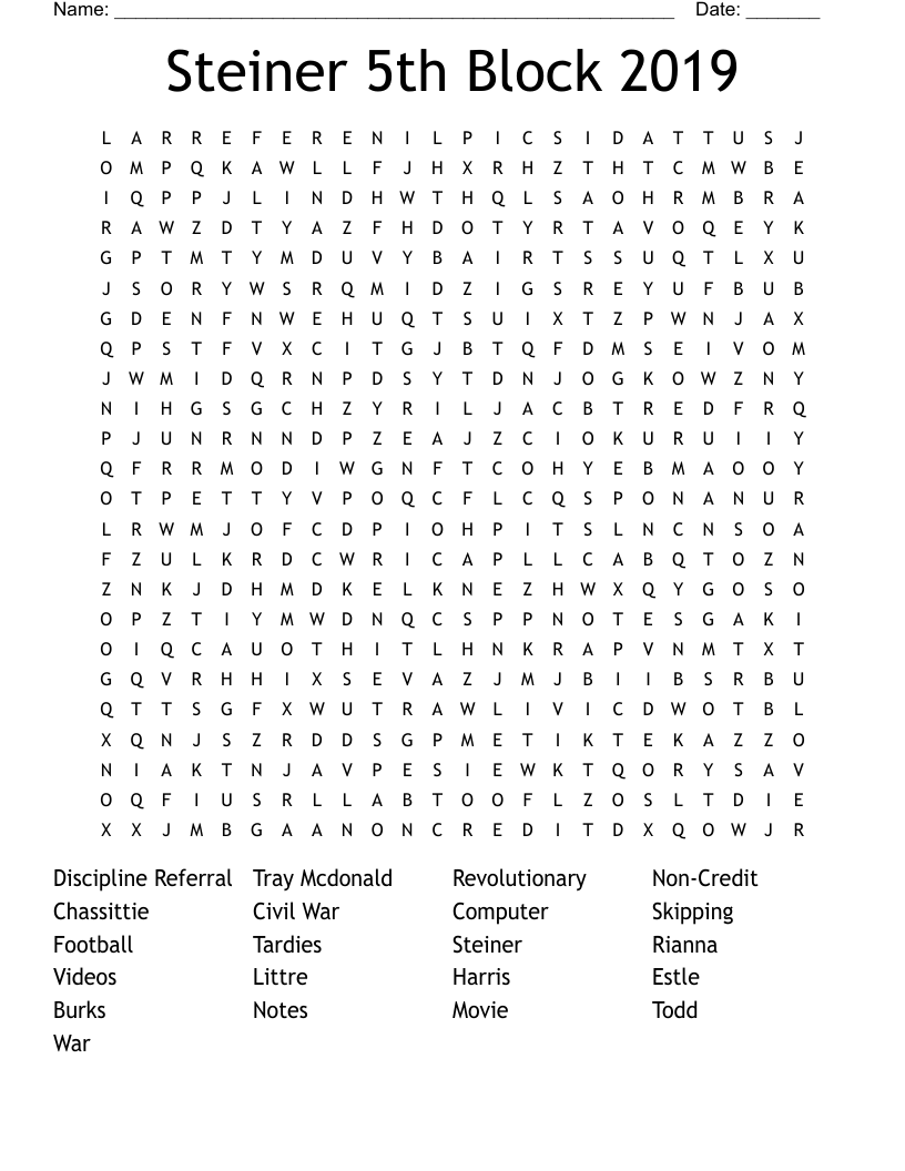 Steiner 5th Block 2019 Word Search - WordMint