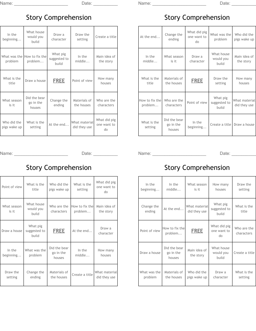 Story Comprehension Bingo Cards - WordMint