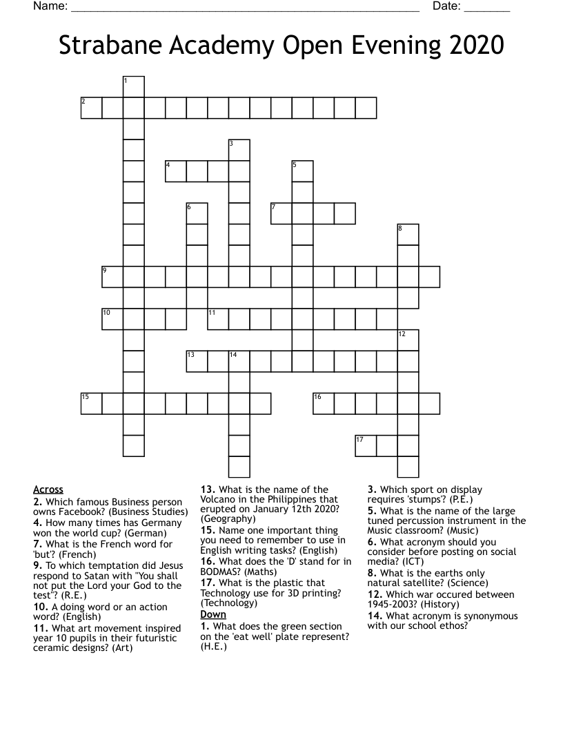 Strabane Academy Open Evening 2020 Crossword - WordMint