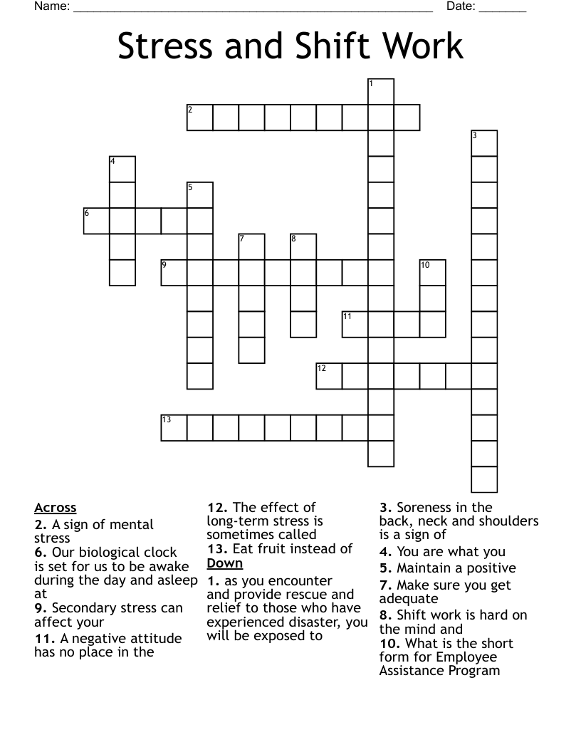 Stress and Shift Work Crossword - WordMint