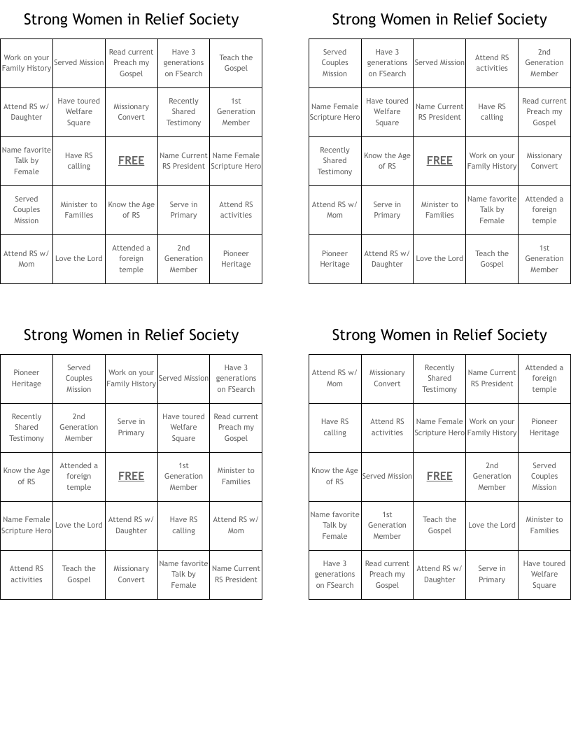 Strong Women in Relief Society Bingo Cards - WordMint