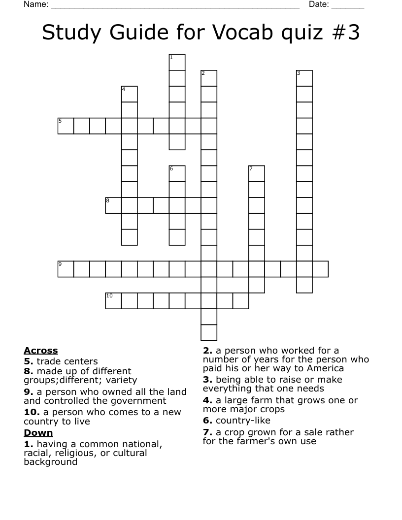Study Guide for Vocab quiz #3 Crossword - WordMint