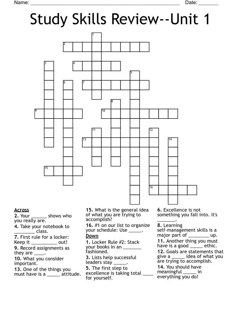 Study Skills Review--Unit 1 Crossword - WordMint