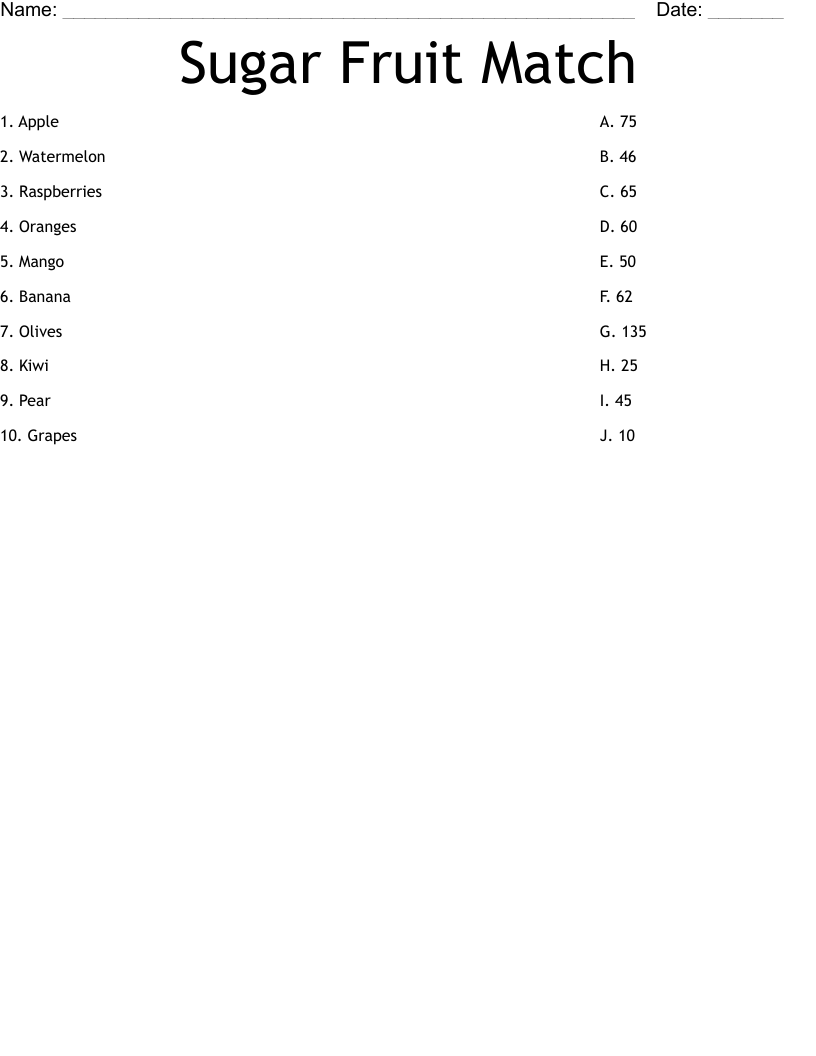 Sugar Fruit Match Worksheet - WordMint