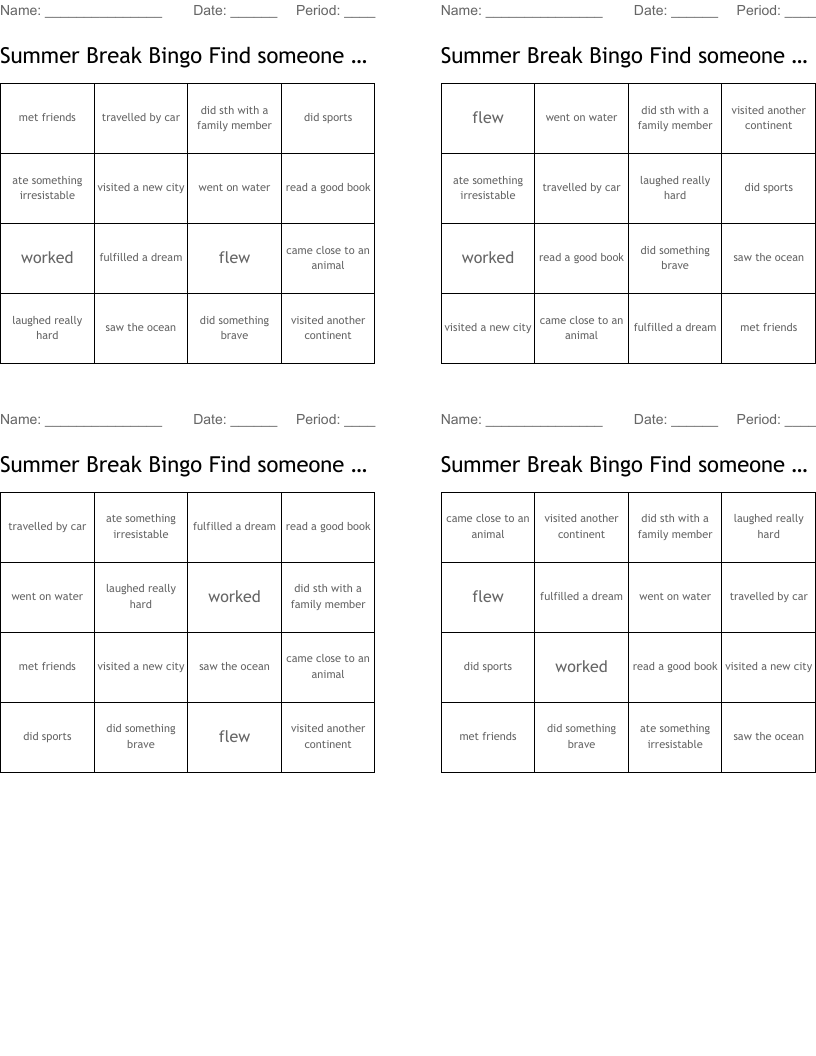 Summer Break Bingo Find someone who ... - WordMint