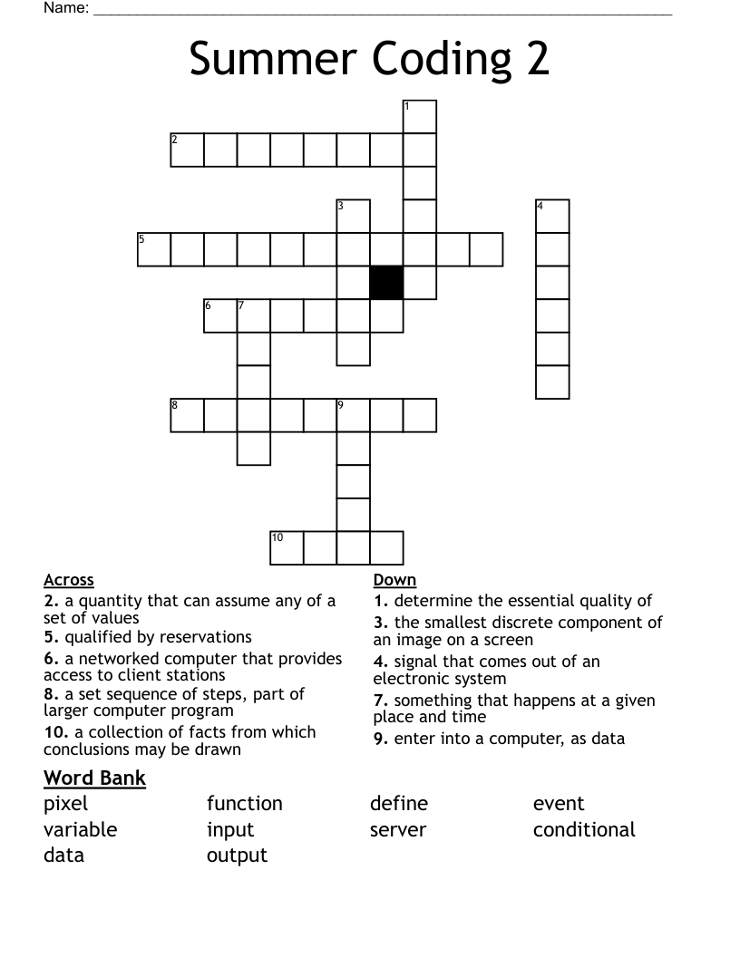 Summer Coding 2 Crossword - WordMint