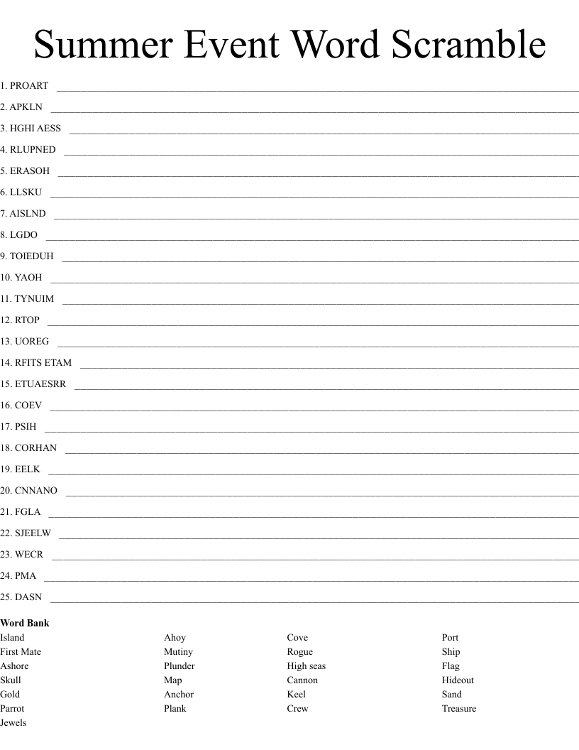 Summer Event Word Scramble - WordMint