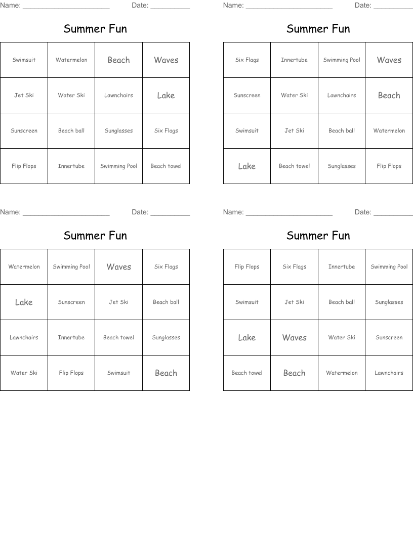 Summer Fun Bingo Cards WordMint