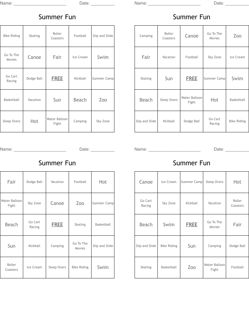 Summer Fun Bingo Cards WordMint